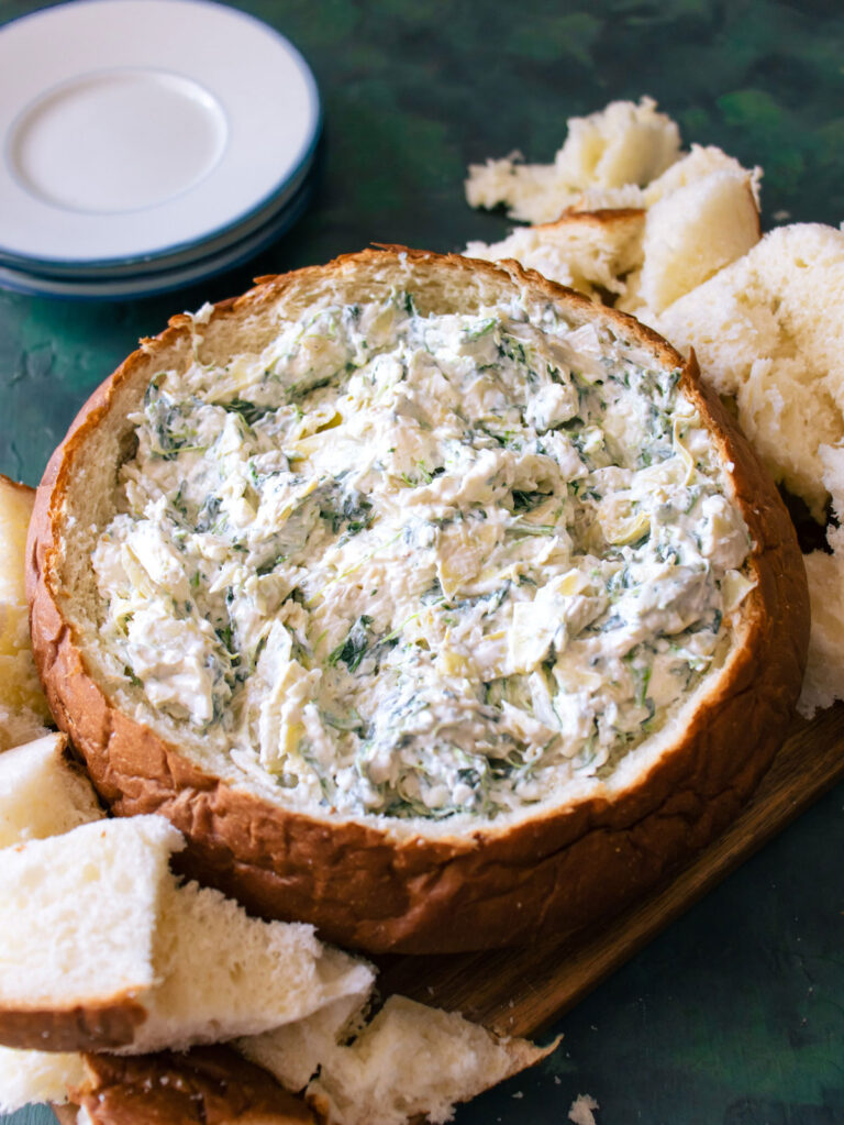 Spinach & Artichoke Dip in a Bread Bowl (Serve Cold) - Fueling a ...